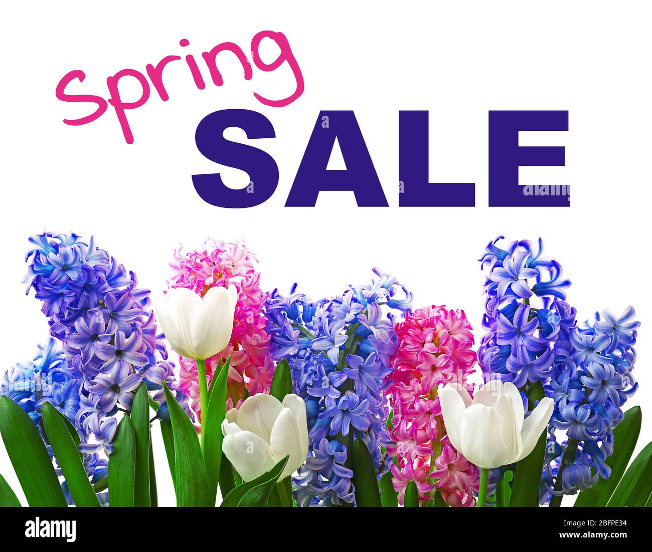 Text SPRING SALE and beautiful flowers on white background Stock Photo ...