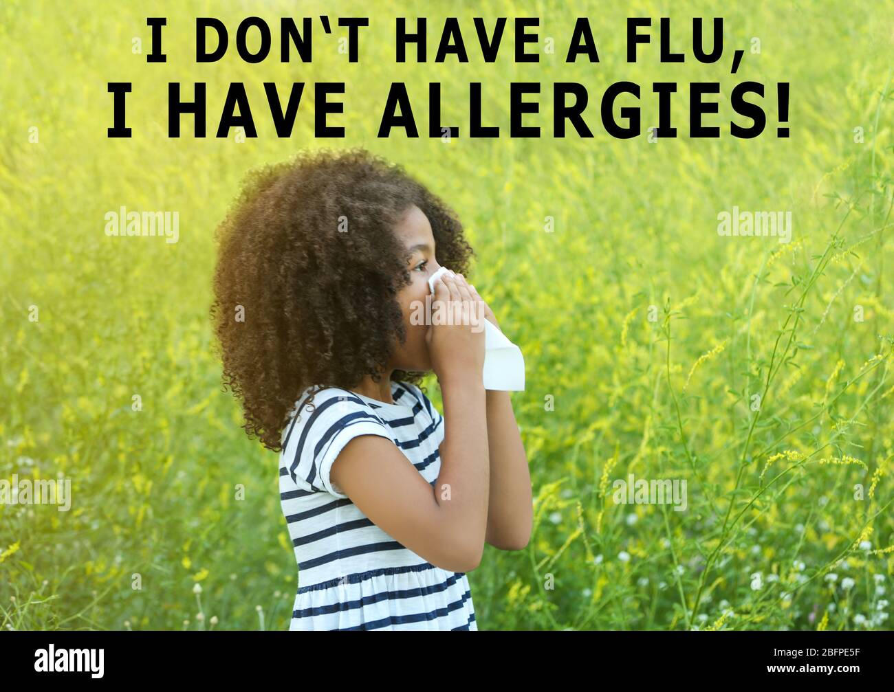 Pollen allergy. Little African-American girl with tissue outdoor Stock ...
