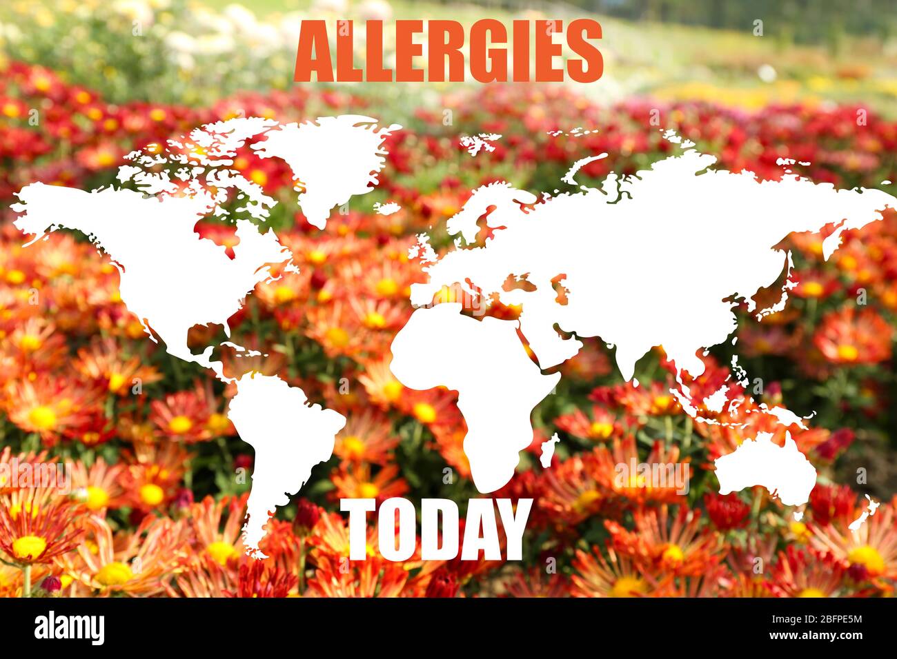 Text ALLERGIES TODAY and world map on flower background Stock Photo - Alamy