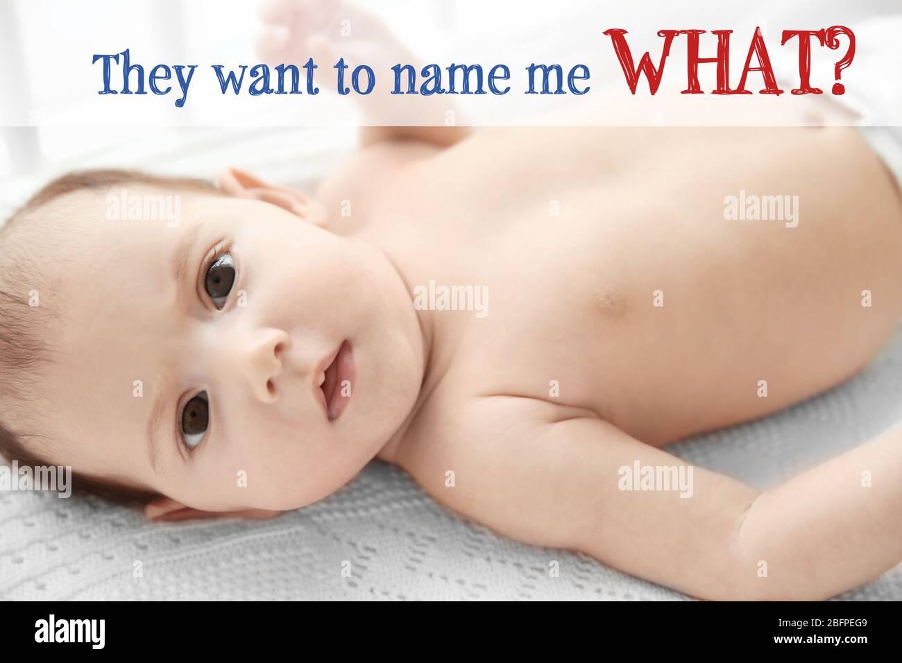 Concept of choosing baby names. Little child lying on soft plaid Stock ...