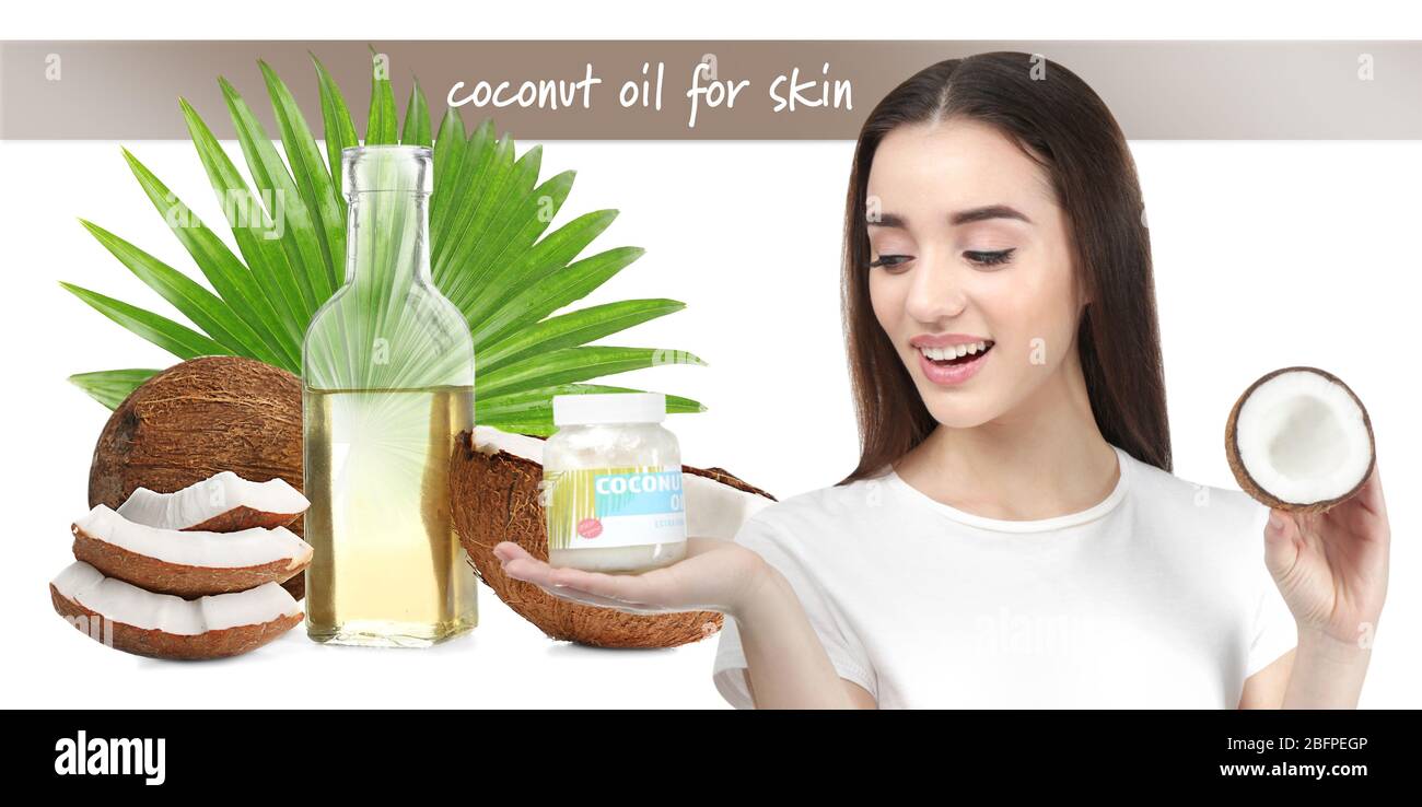 Coconut oil for skin. Young woman and cosmetic on white background ...