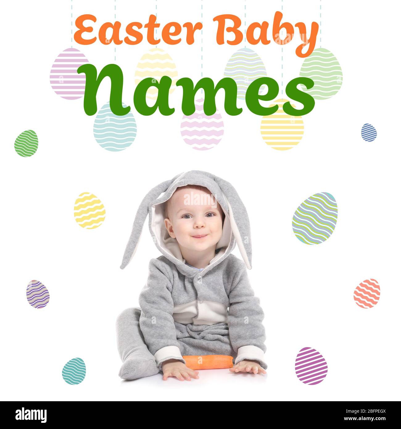 Concept of choosing Easter baby names. Little child in bunny costume ...