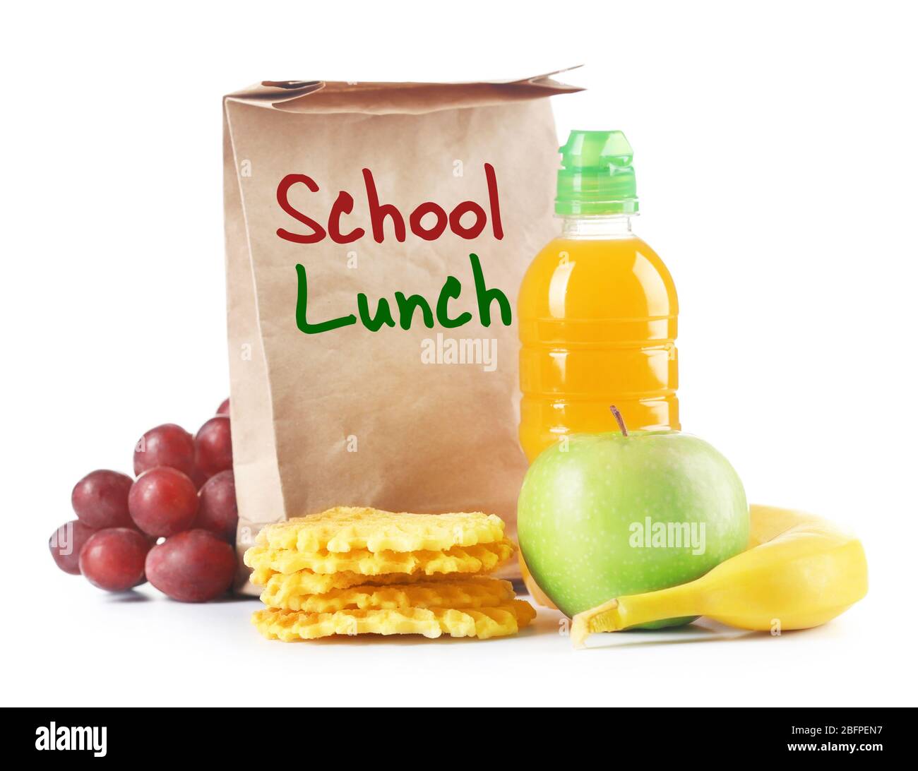 Concept of school lunch. Paper bag and food on white background Stock ...