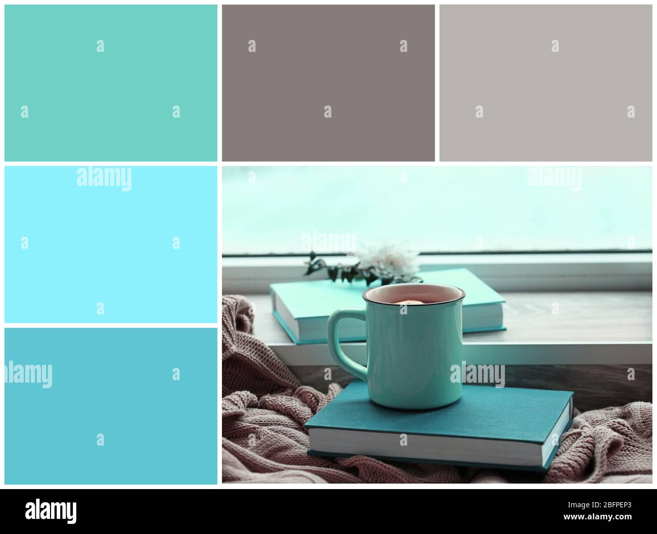 Mint color matching and book with cup near window Stock Photo - Alamy