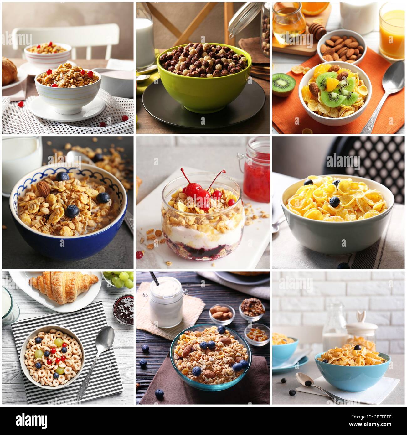 Collage of delicious food as background. Ideas for serving cereal ...
