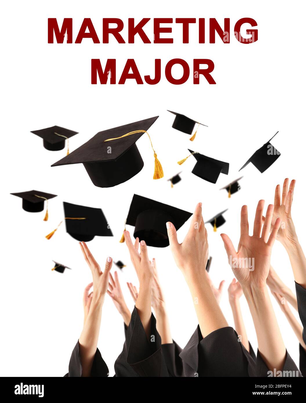 Marketing major concept. Students throwing graduation caps against ...