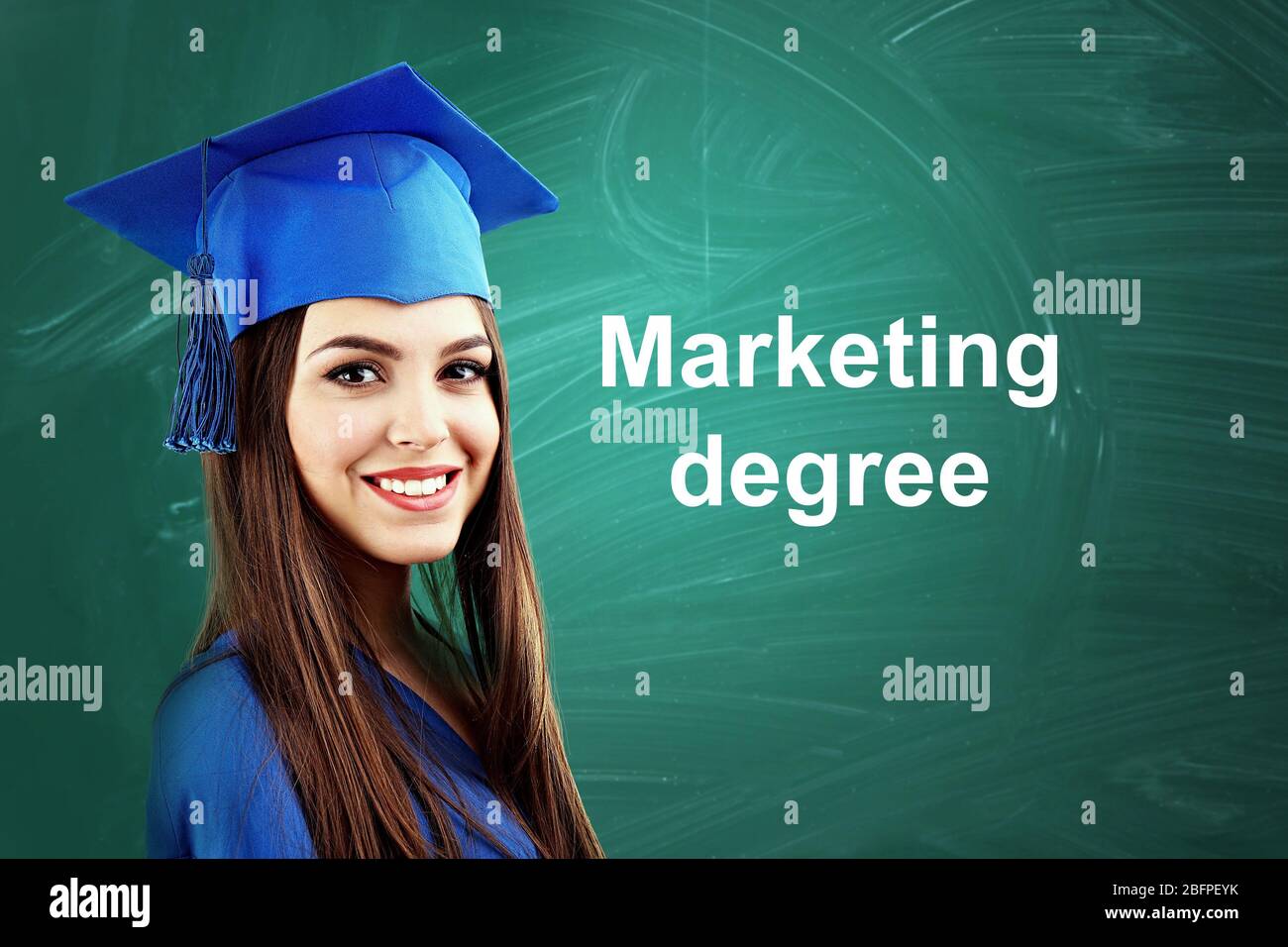 Marketing degree concept. Woman in graduation gown and cap on ...