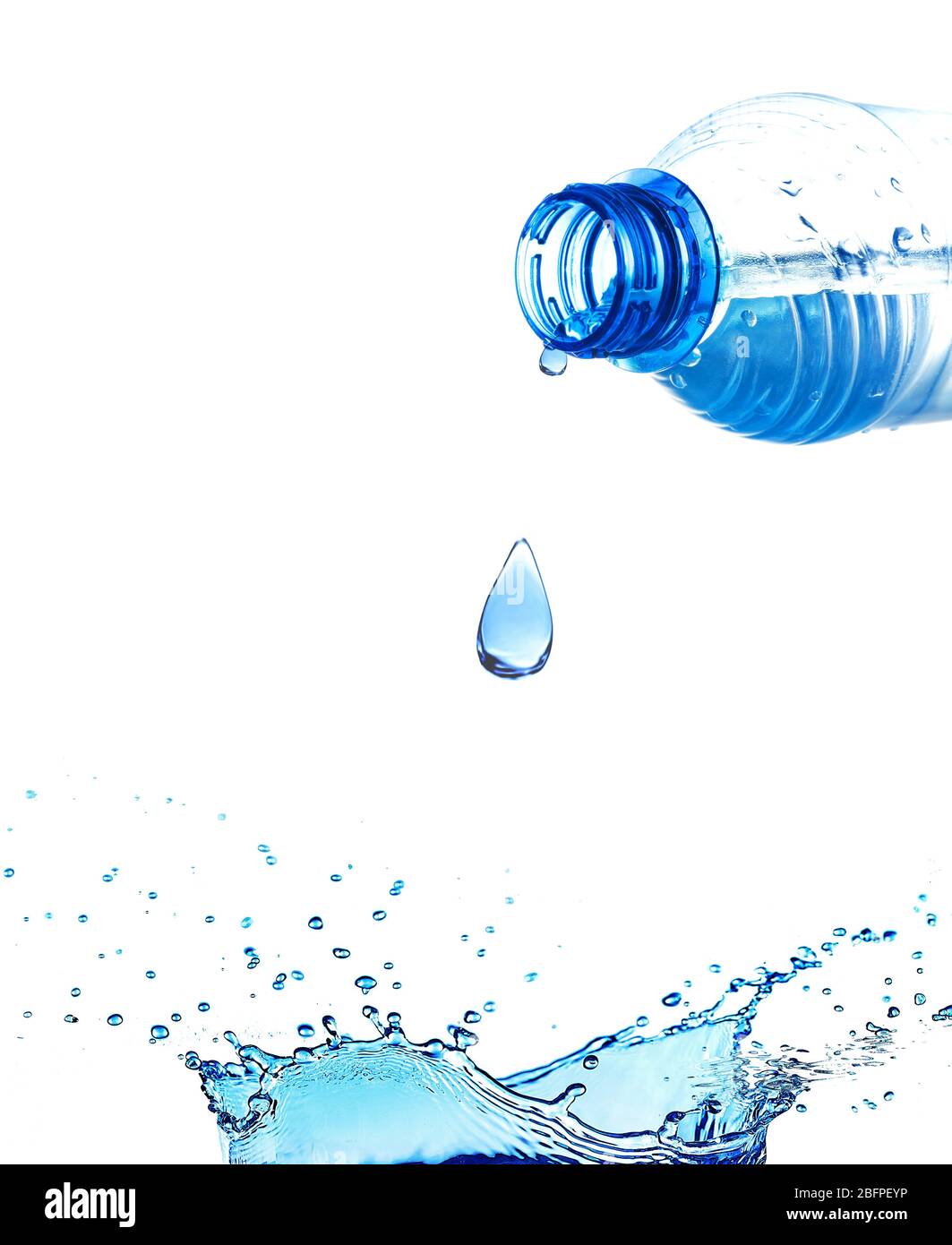 Bottle and water drop with splash on white background. Concept of clean ...
