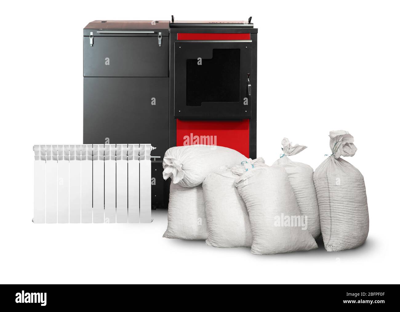 Bags with radiator and solid fuel boiler on white background. Energy ...