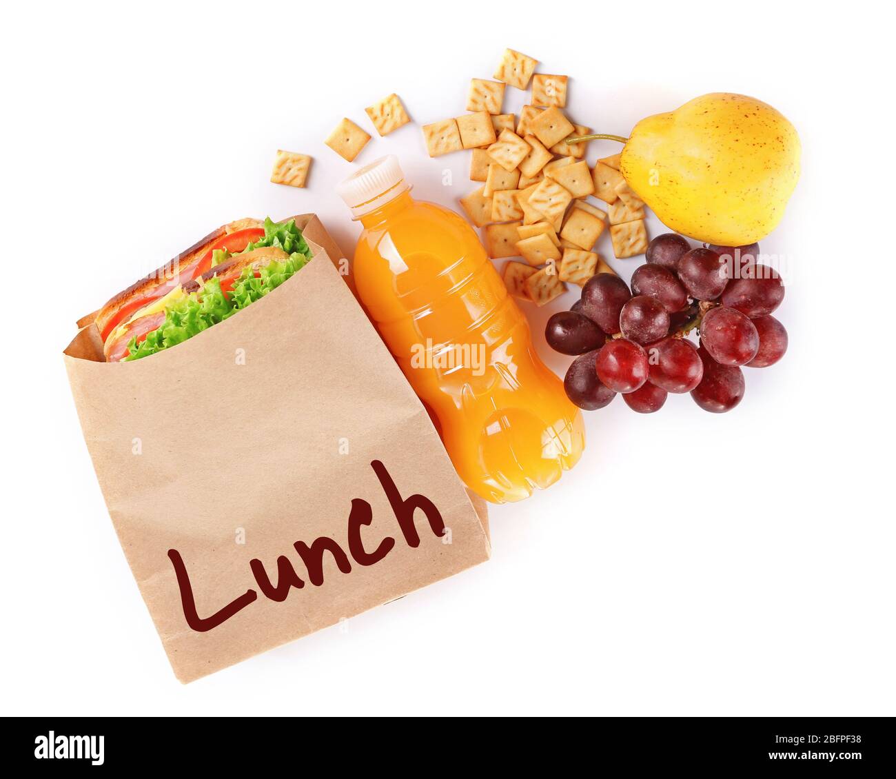 Concept of school lunch. Paper bag and food on white background Stock ...