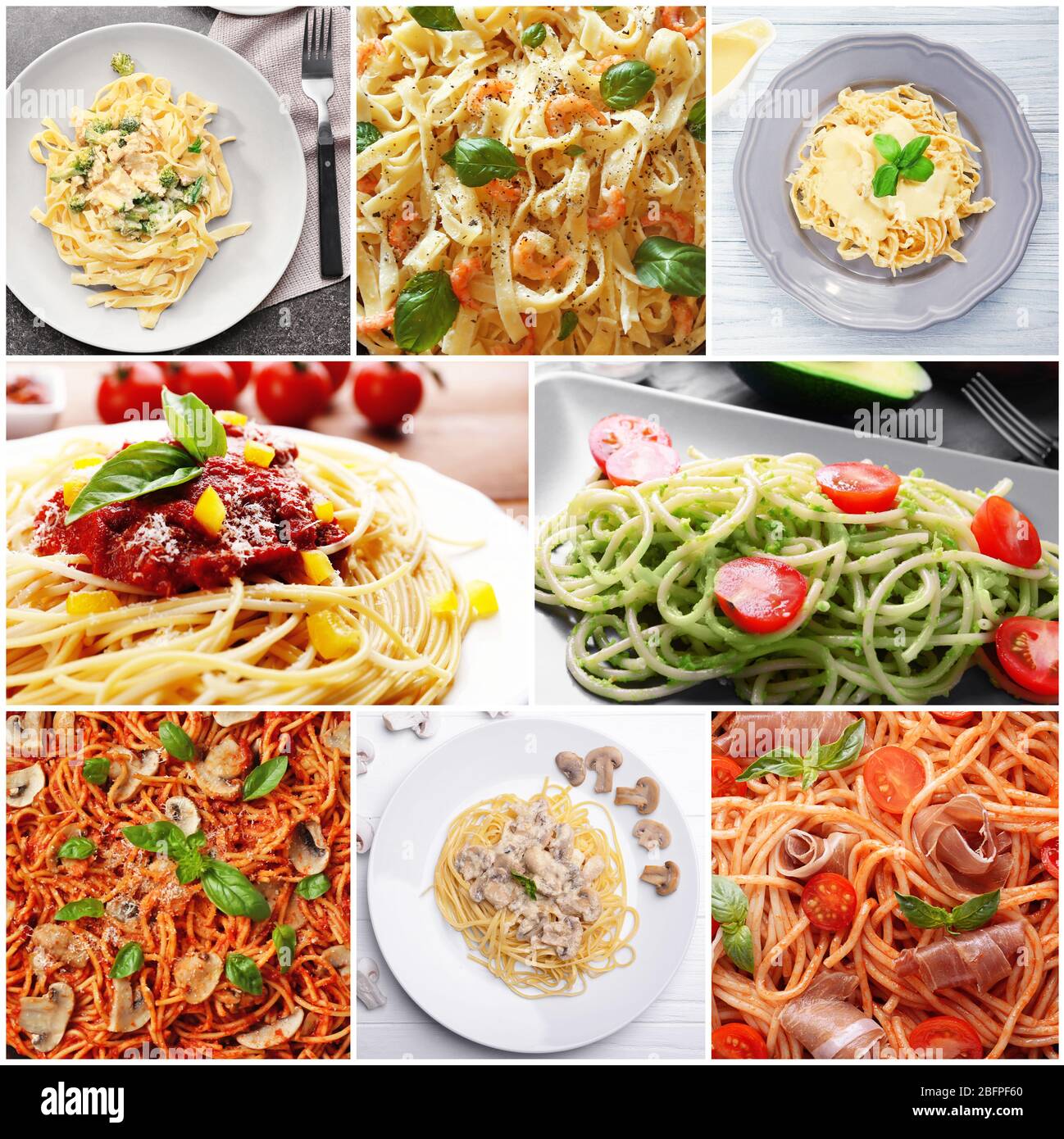 Collage of delicious pasta with different sauces Stock Photo - Alamy