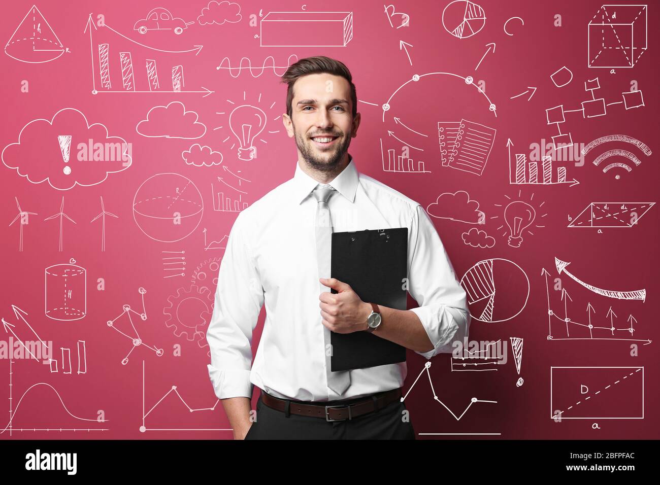 Marketing concept. Man presenting business plan on color background ...