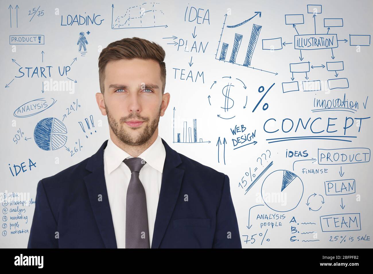 Marketing concept. Man presenting business plan on light background ...