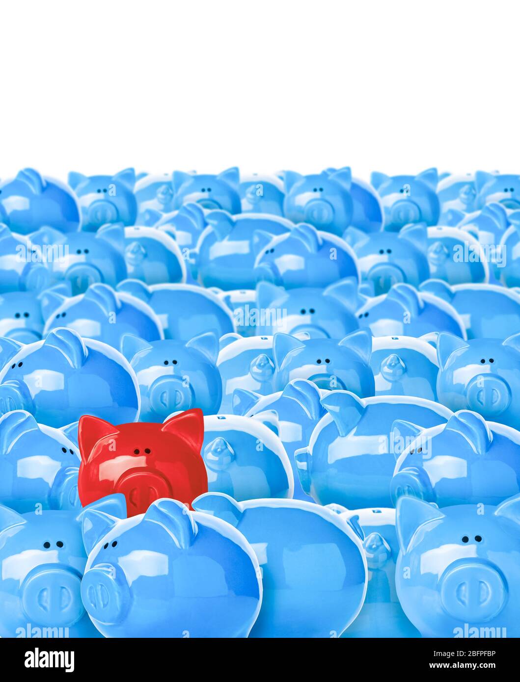 Red piggy bank being different from others on white background Stock ...