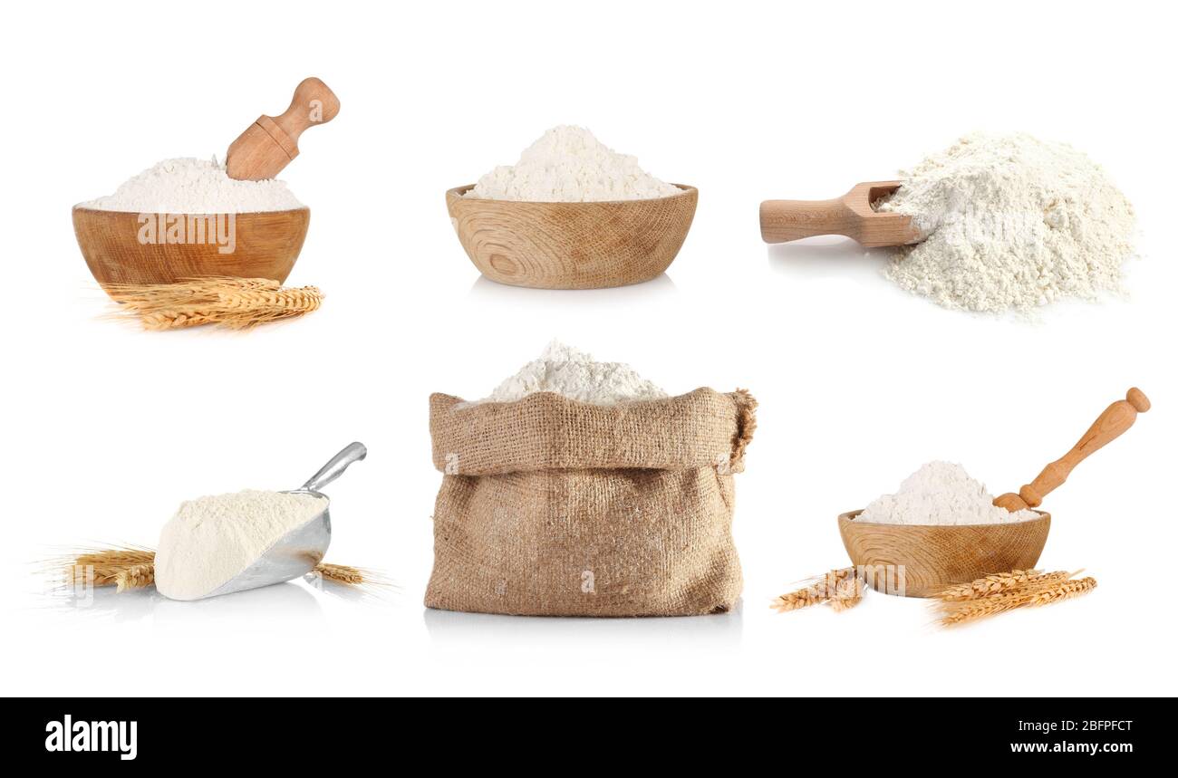 Collage of flour on white background Stock Photo - Alamy