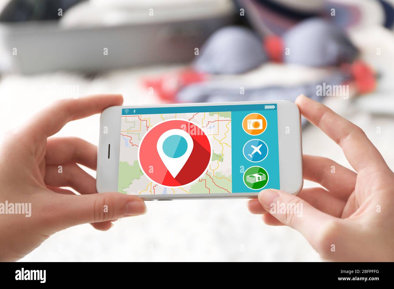 Modern technology and tourism concept. Woman using travel app on ...