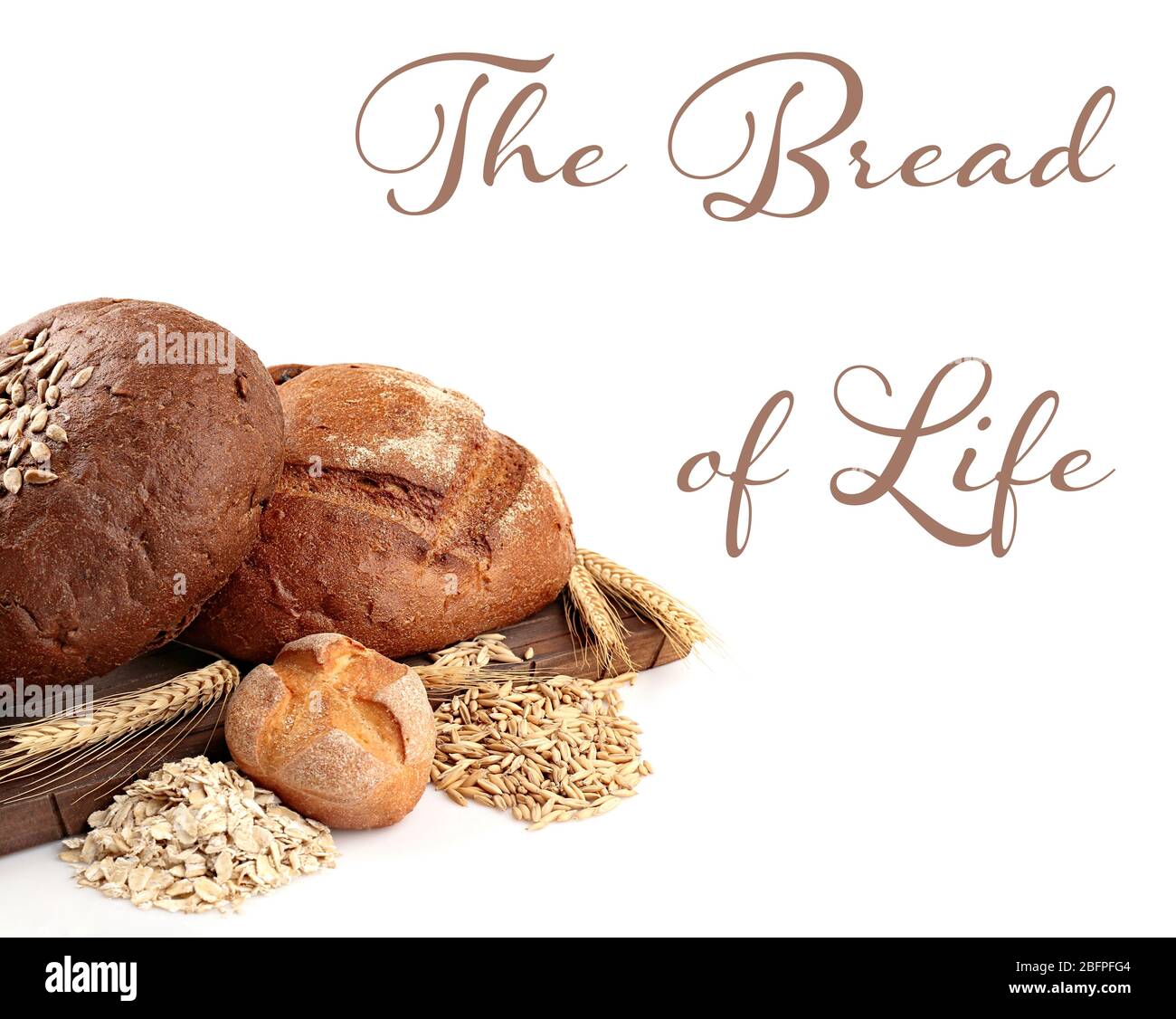 Assortment of bread and text on white background Stock Photo - Alamy