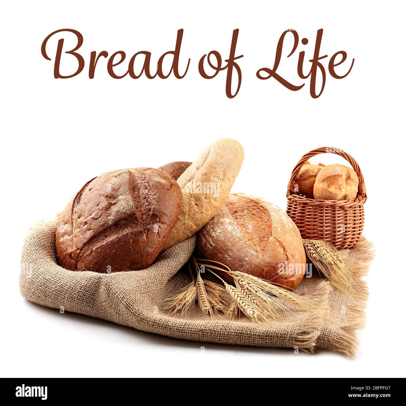 Assortment of bread and text on white background Stock Photo - Alamy