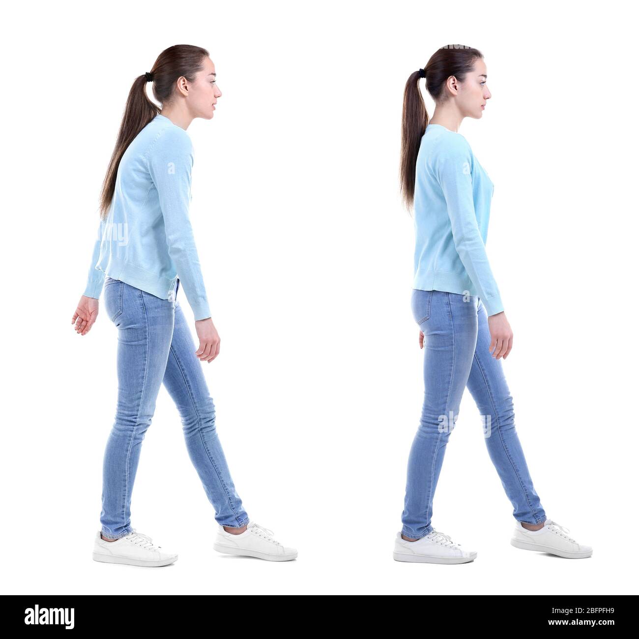 Rehabilitation concept. Collage of woman with poor and good posture on ...