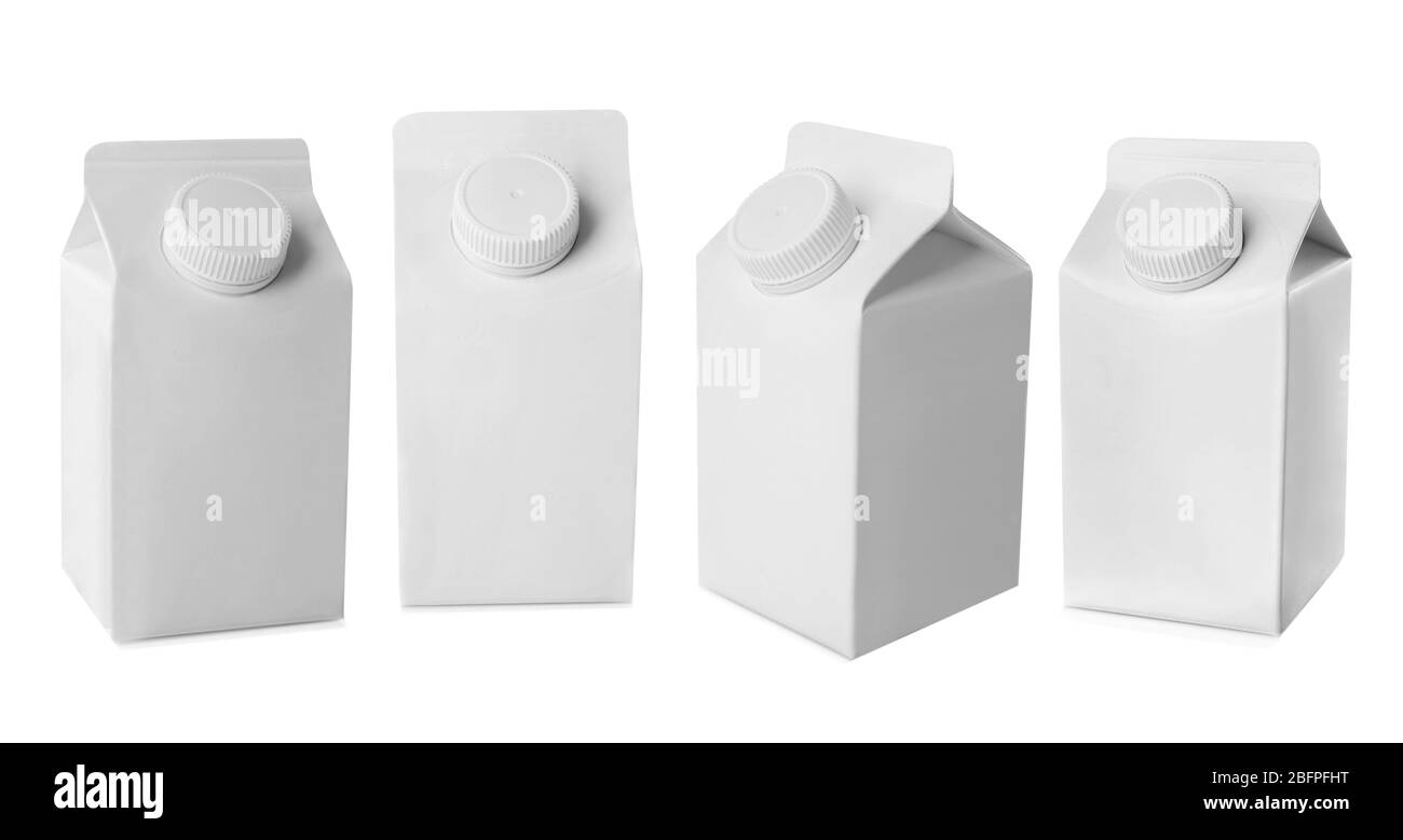 Different views of blank milk box on white background. Mockup for ...