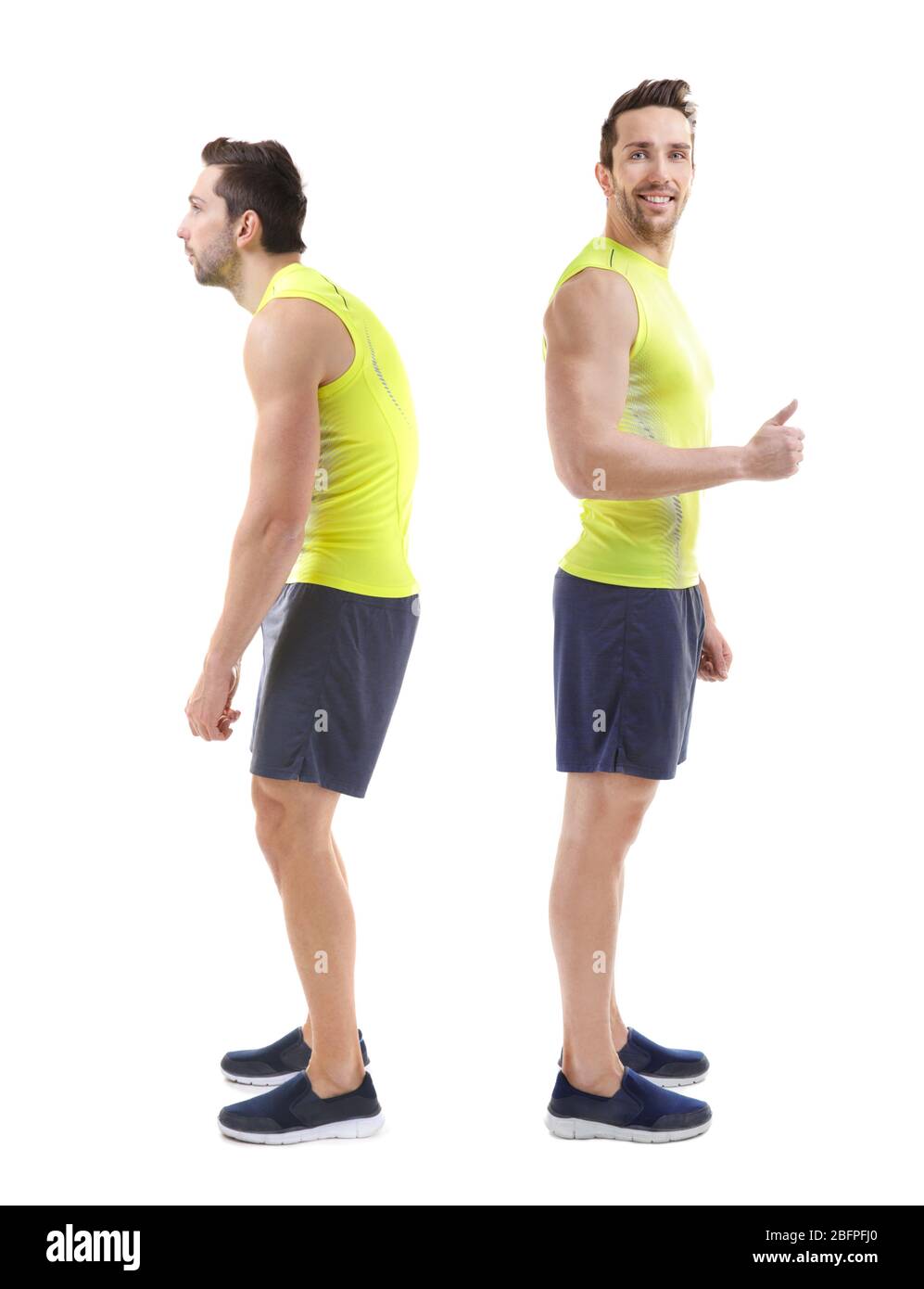 Rehabilitation concept. Collage of man with poor and good posture on ...