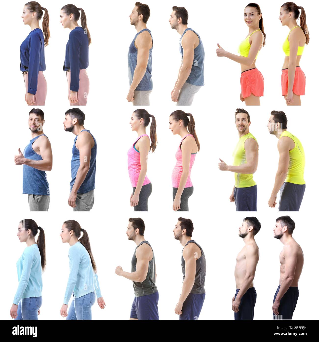 Rehabilitation concept. Collage of people with poor and good posture on ...