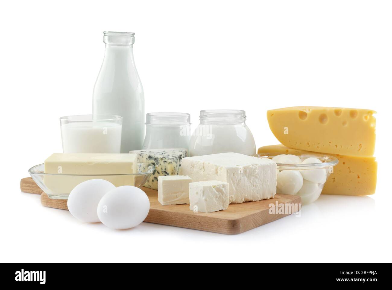 Assortment of fresh dairy products on white background Stock Photo - Alamy