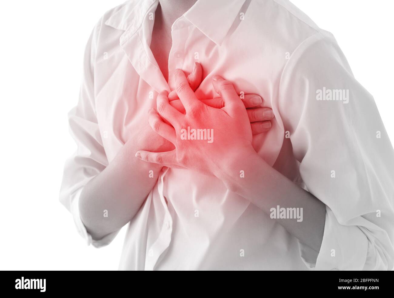 Heart attack concept. Woman suffering from chest pain, closeup Stock ...