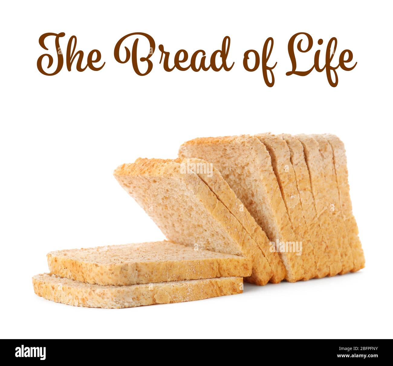 Fresh sliced bread and text on white background Stock Photo - Alamy