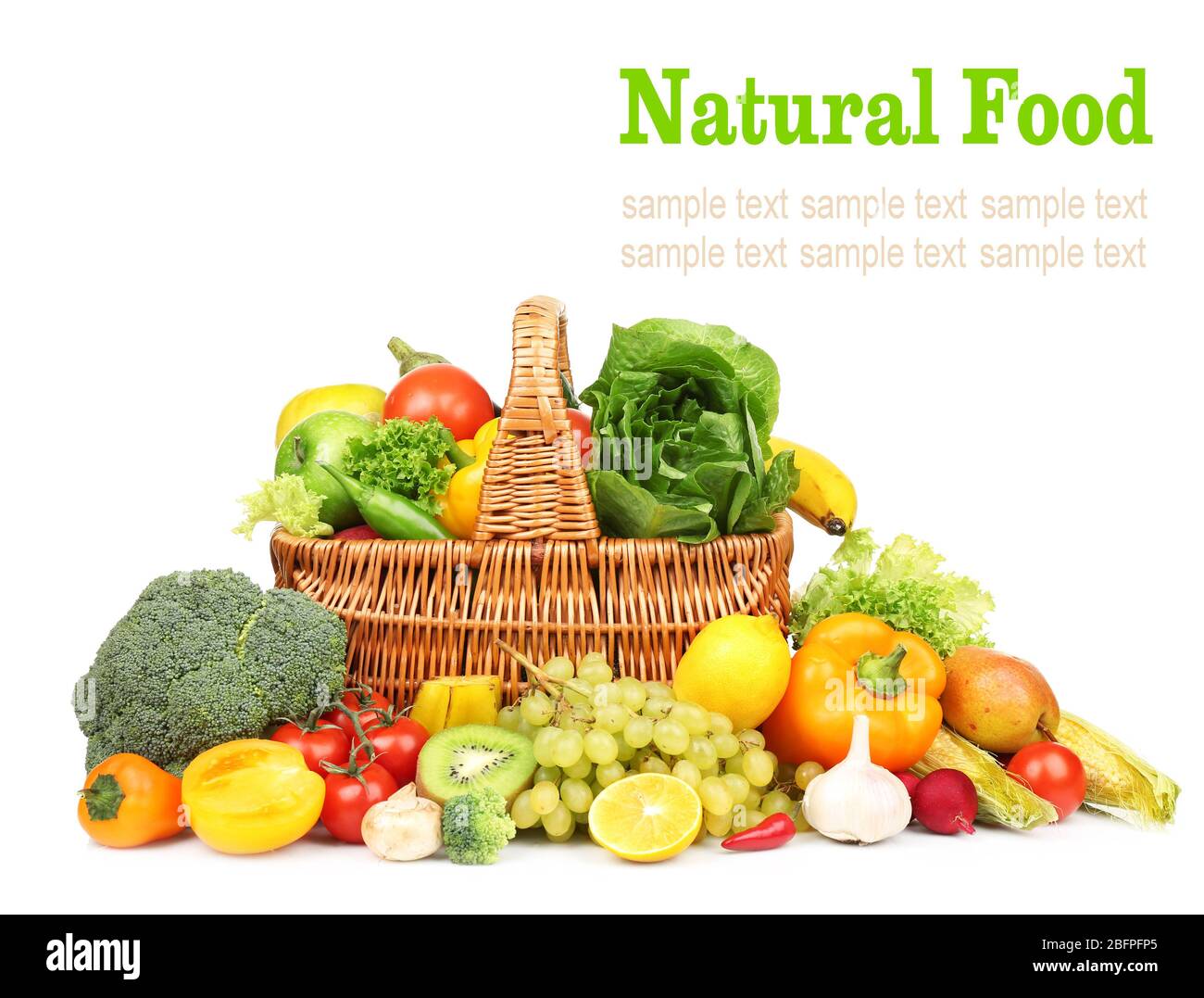 Natural food concept. Fresh vegetables with fruits and basket on white ...
