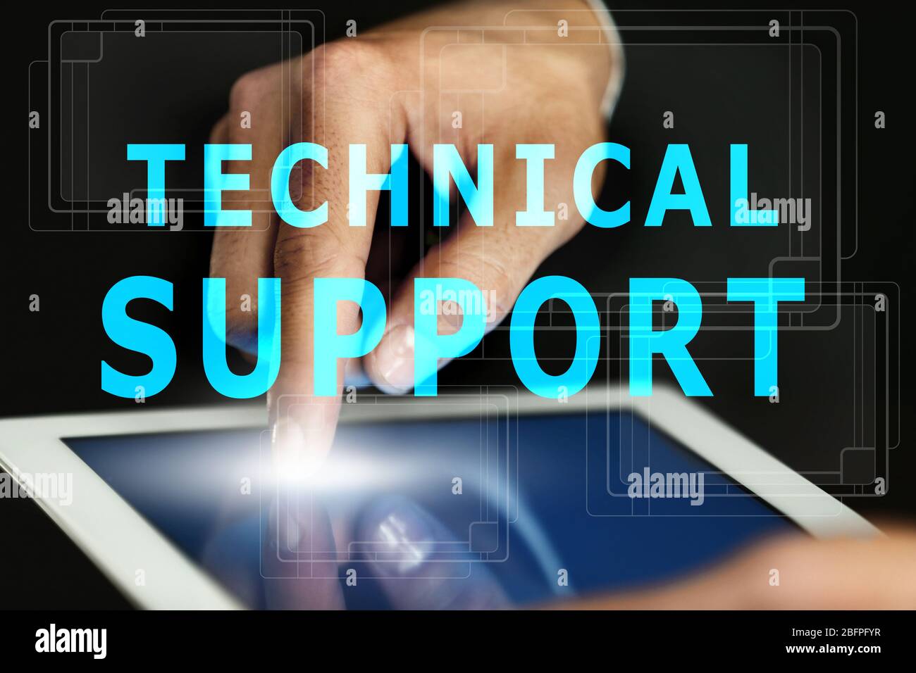 Technical support concept. Man working with tablet, closeup Stock Photo ...