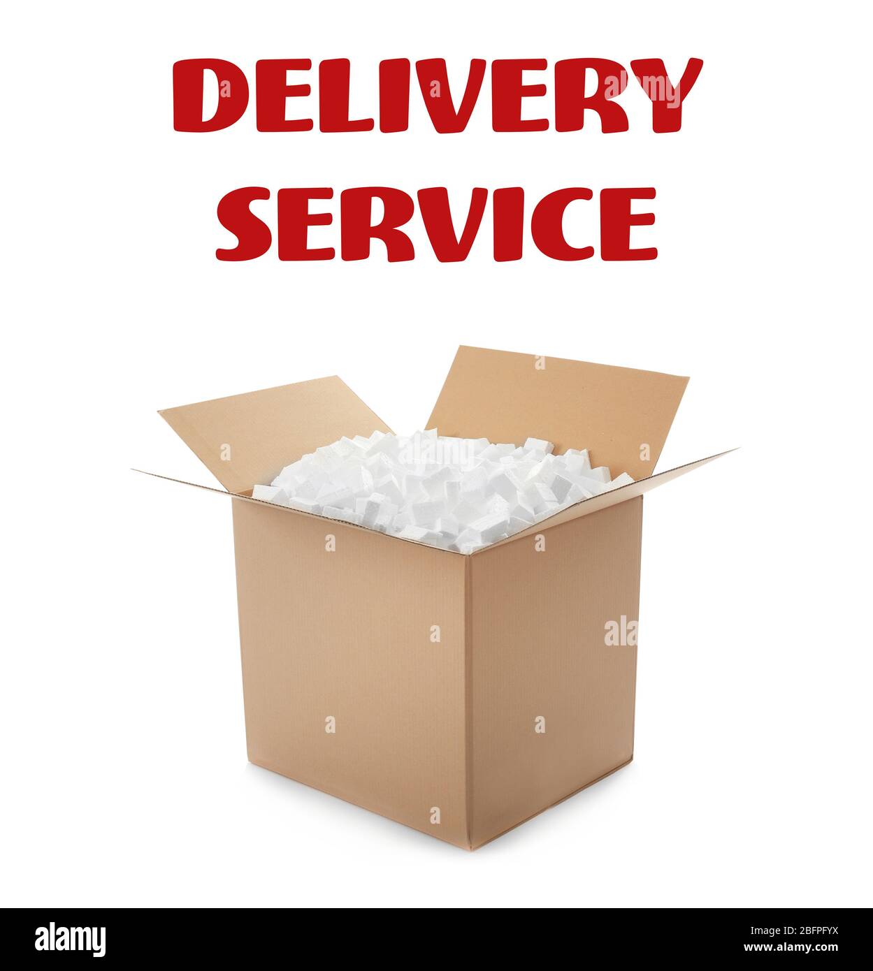 Delivery concept. Opened cardboard box full of polystyrene on white ...