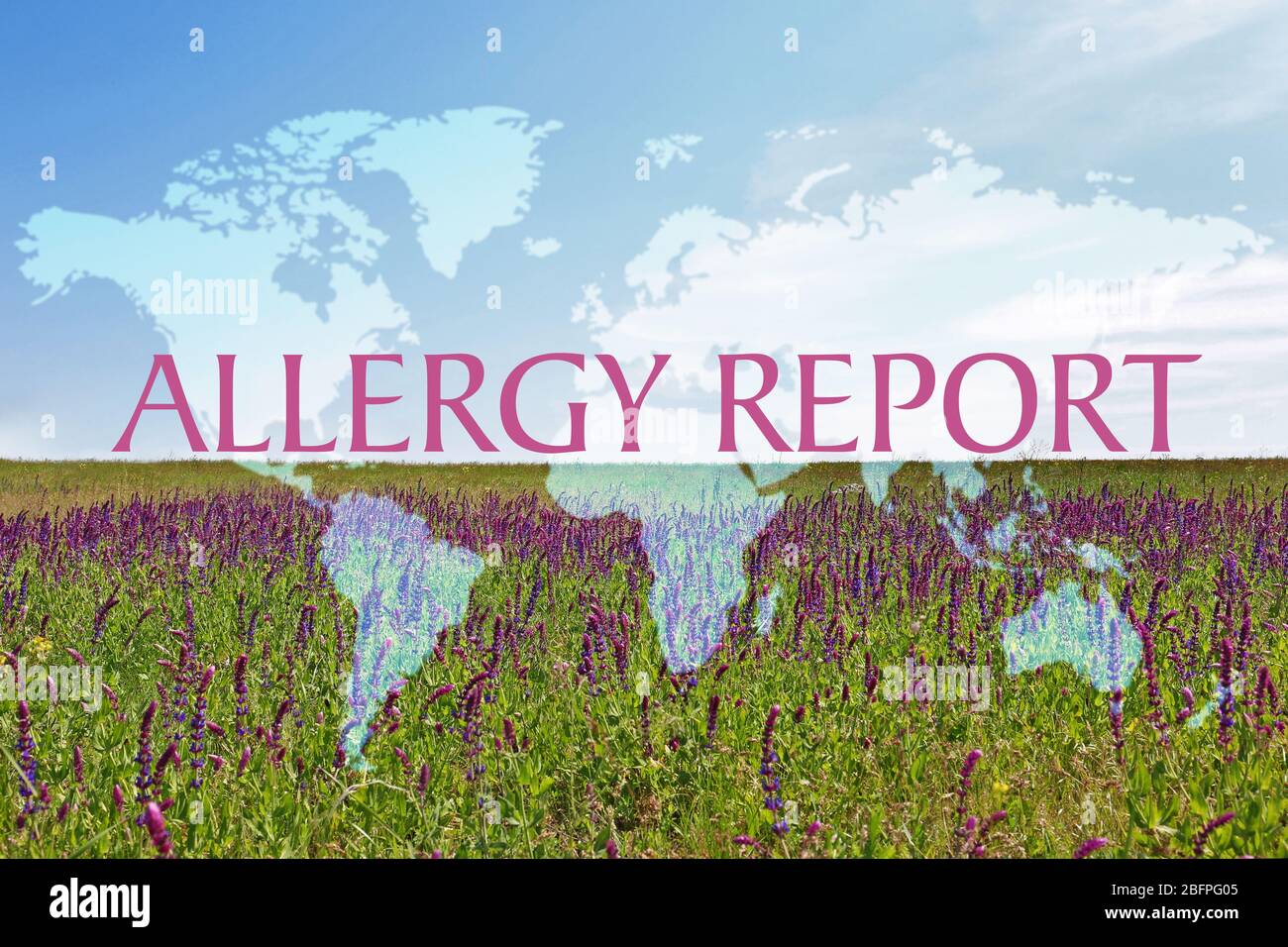 Text ALLERGY REPORT and world map on landscape background Stock Photo ...