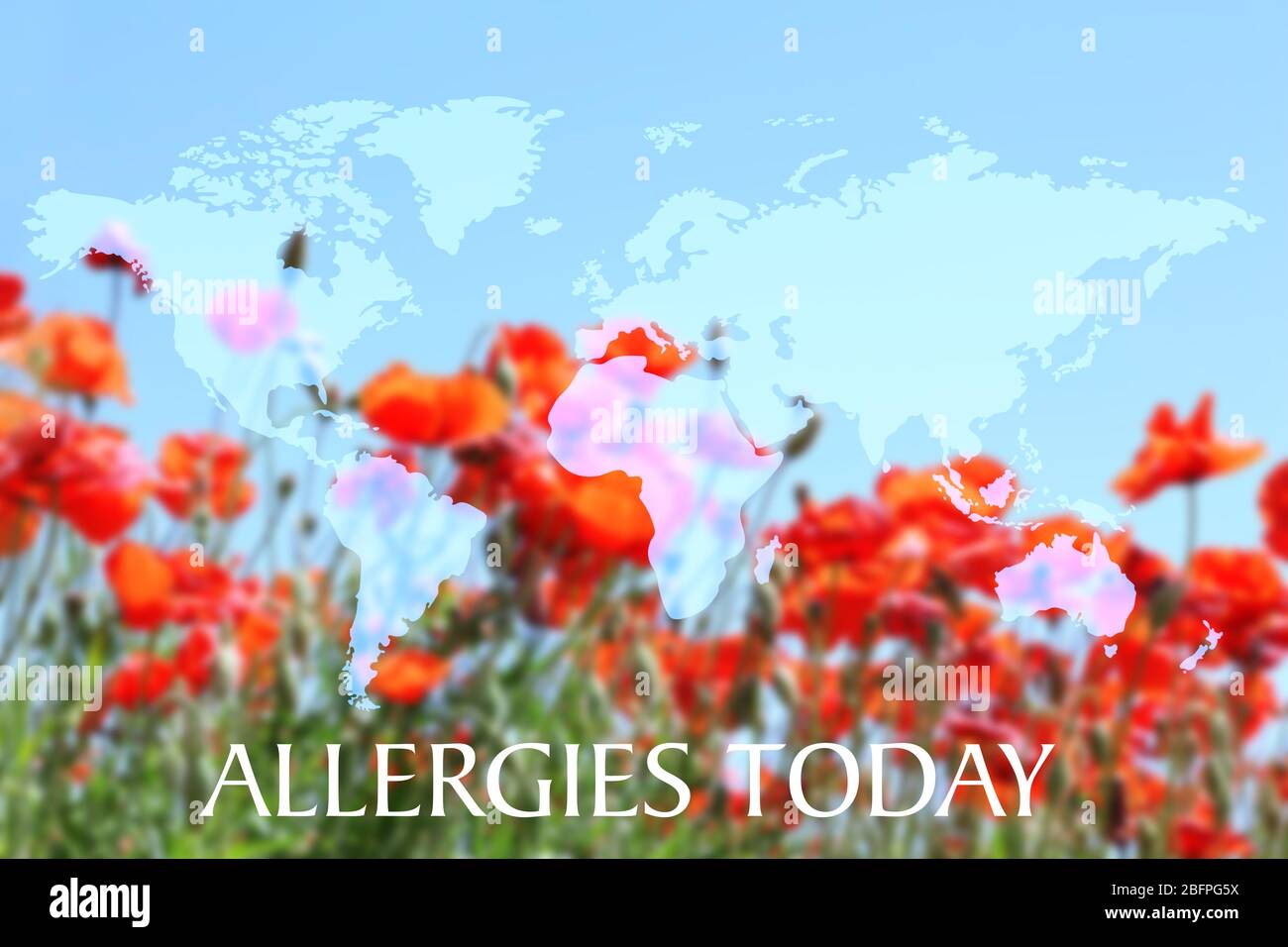 Text ALLERGIES TODAY and world map on landscape background Stock Photo ...