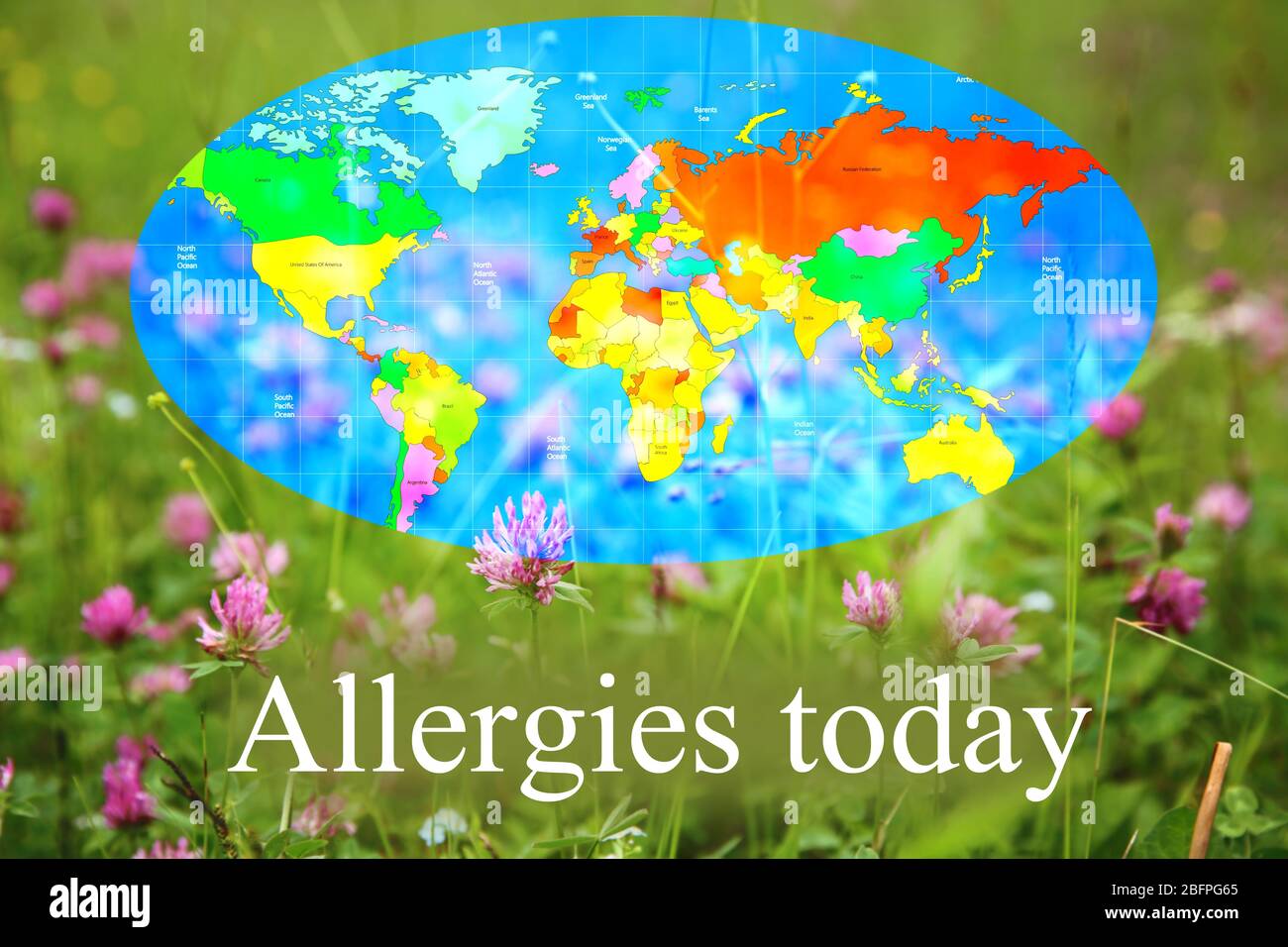 Text ALLERGIES TODAY and world map on flower background Stock Photo - Alamy