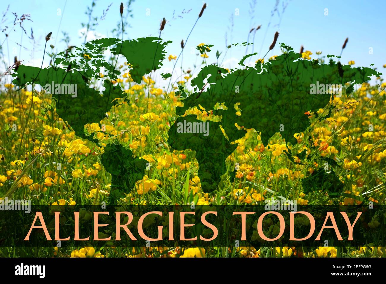 Text ALLERGIES TODAY and world map on landscape background Stock Photo ...
