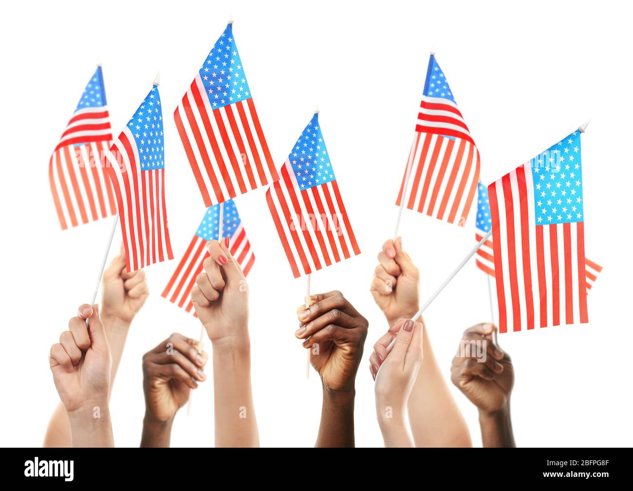 Hands waving American flags on white background. Patriotic concept ...