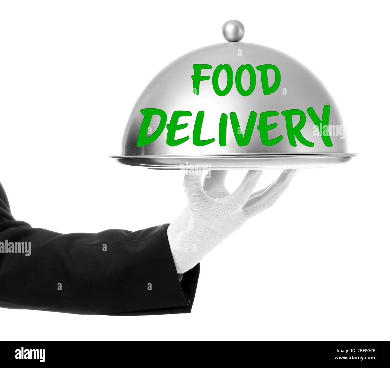 Food delivery concept. Waiter holding tray with cover on white ...