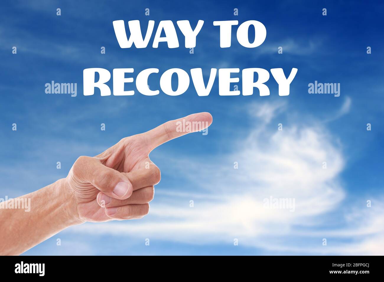 Rehabilitation concept. Senior man pointing WAY TO RECOVERY on sky ...