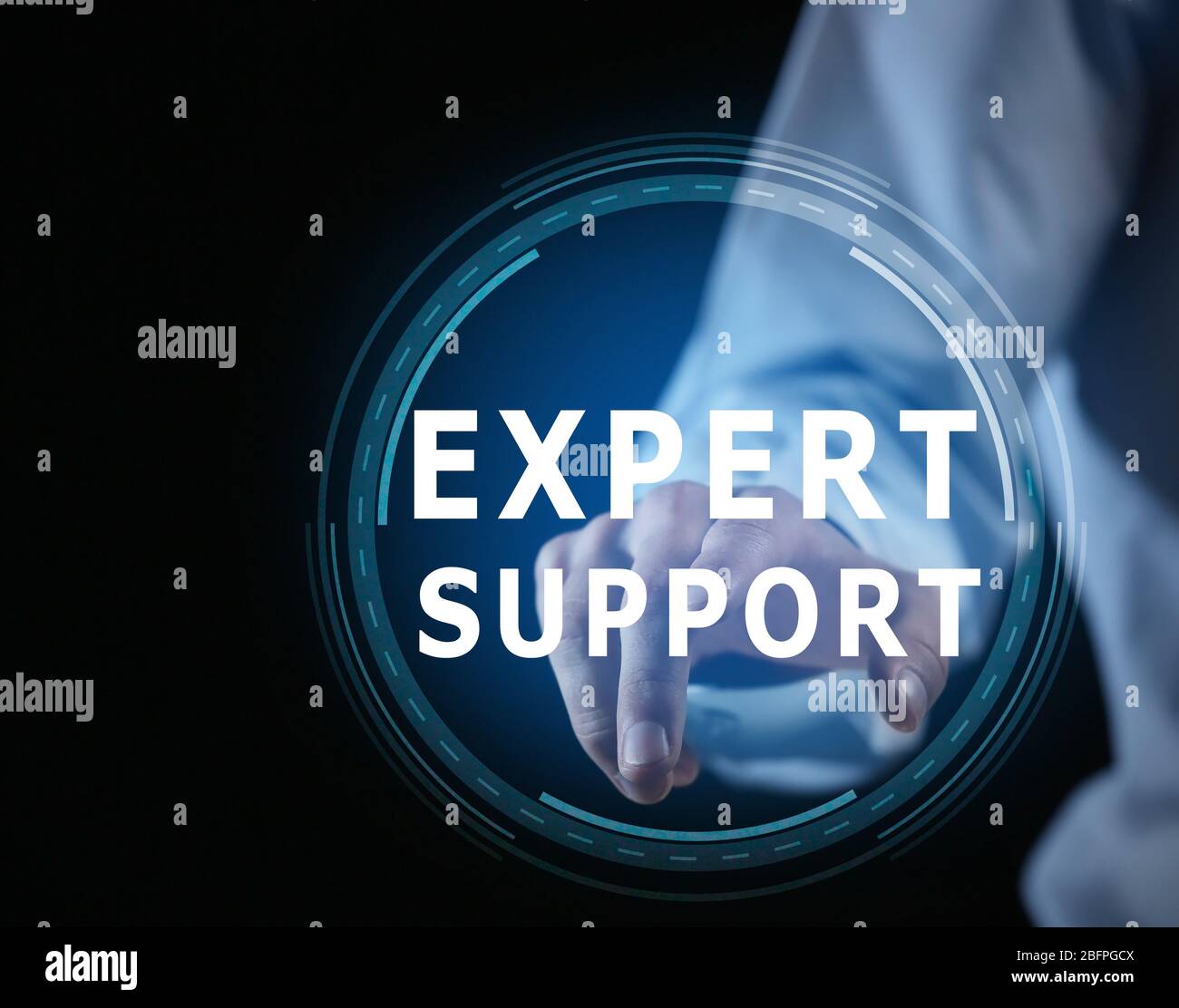 Expert support concept. Man pointing on text against black background ...