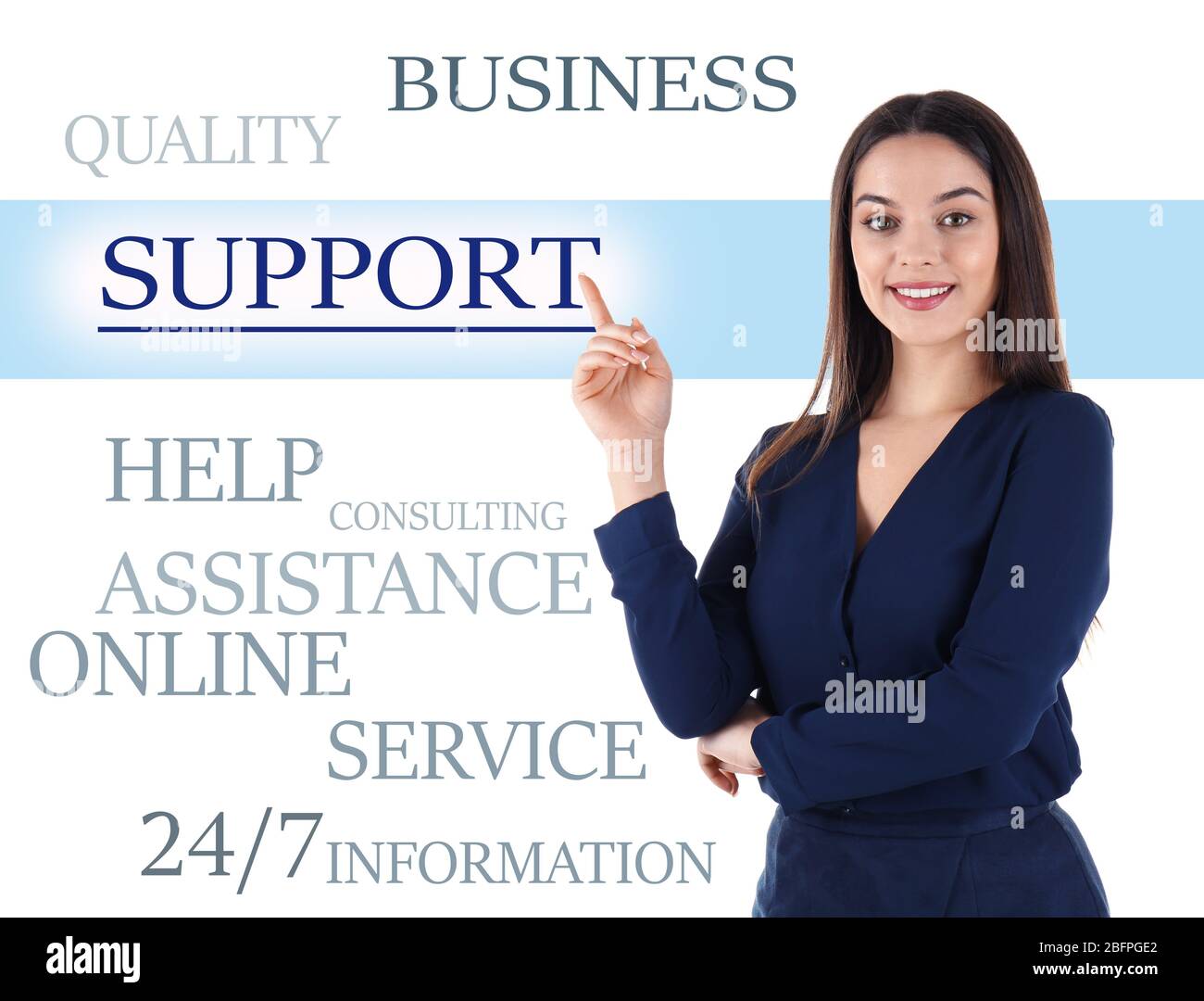 Help desk concept. Young woman pointing on word SUPPORT against white ...