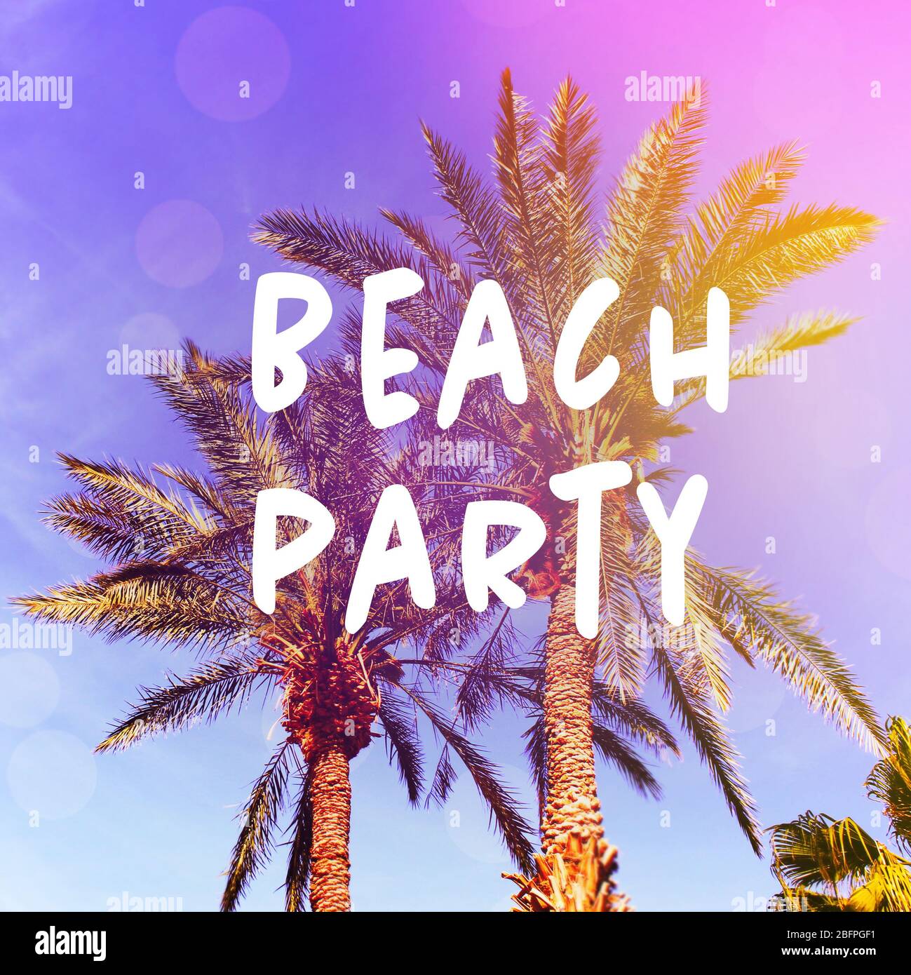 Text BEACH PARTY and palm trees on sky background Stock Photo - Alamy