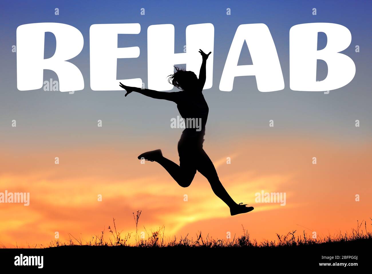 Recovery concept. Word REHAB and woman jumping on landscape background ...