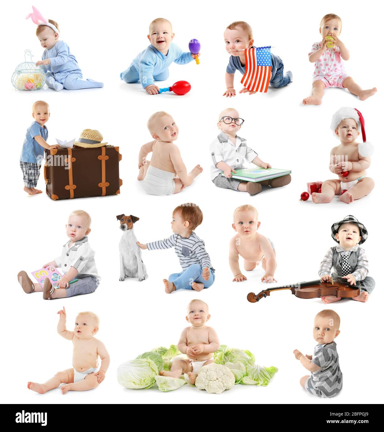 Childhood concept. Collage of cute babies on white background Stock ...