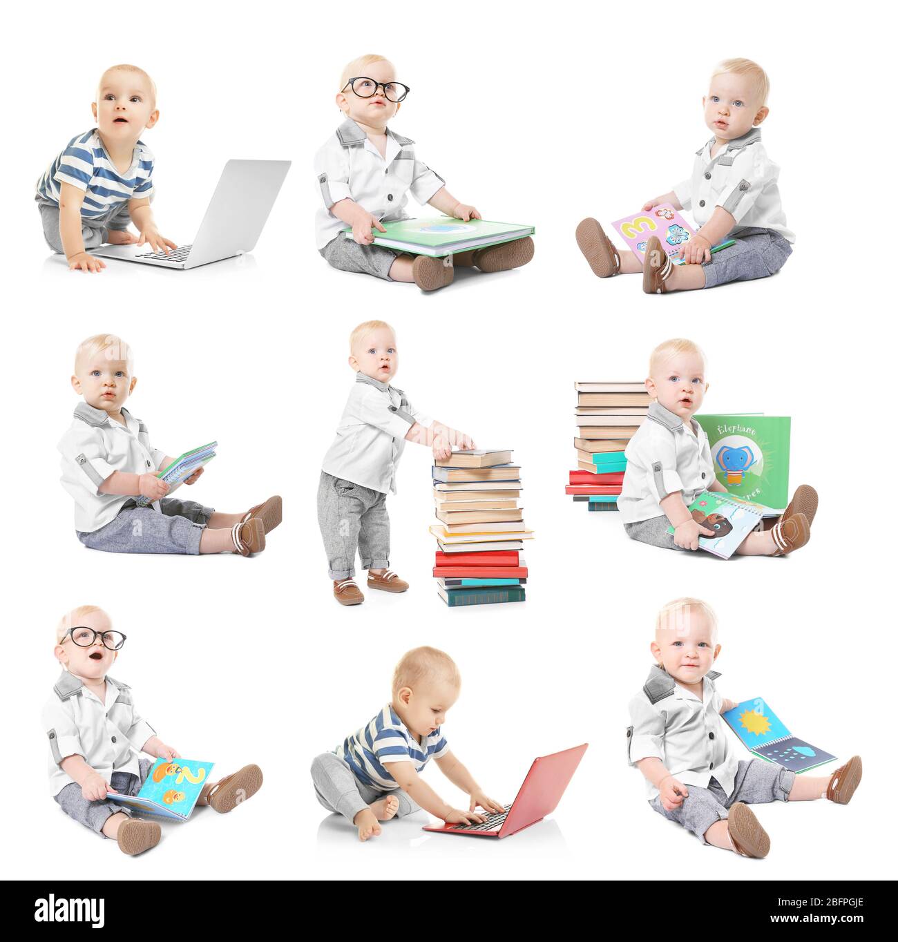 Childhood concept. Collage of cute babies on white background Stock ...