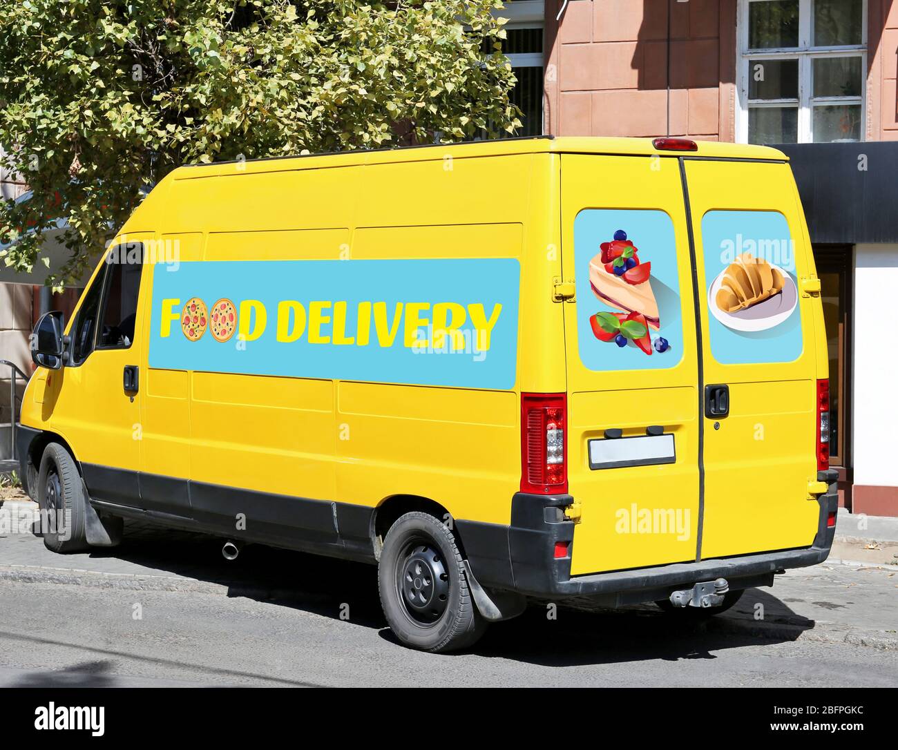 Food delivery concept. Service van parked near sidewalk Stock Photo - Alamy