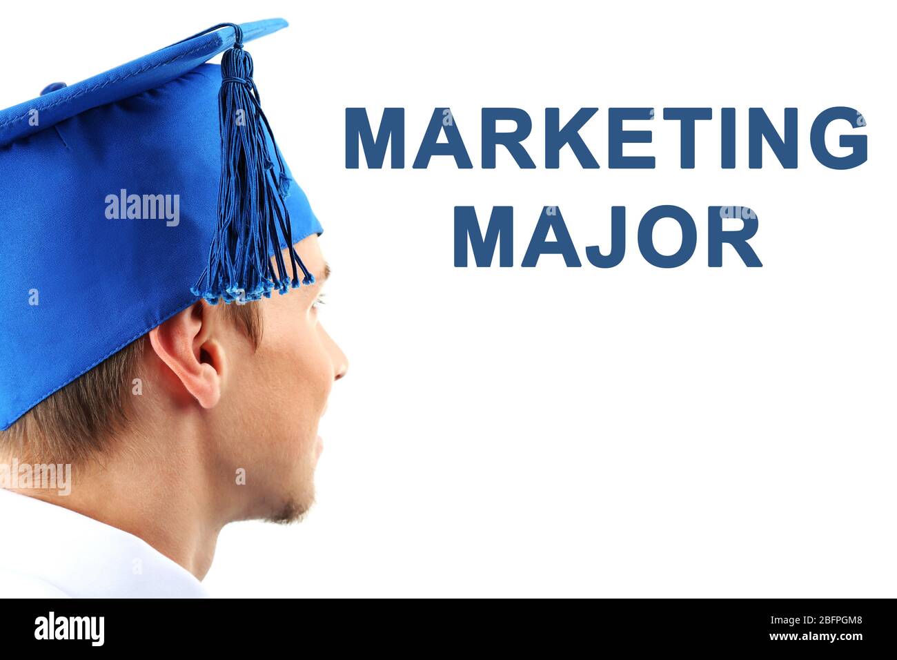 Marketing major concept. Student in graduation cap on white background ...