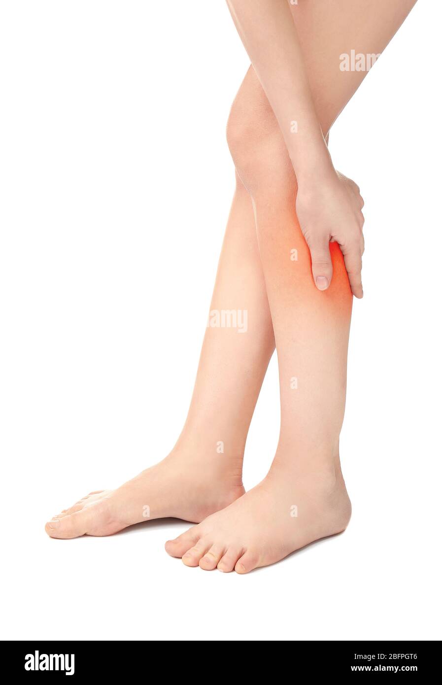 Concept of orthopedist. Woman suffering from pain in calf on white ...