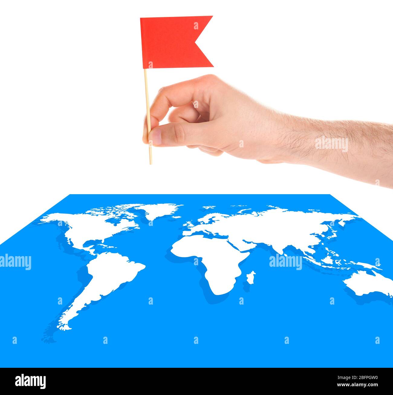 Man placing flag on world map, closeup. Earth concept Stock Photo - Alamy