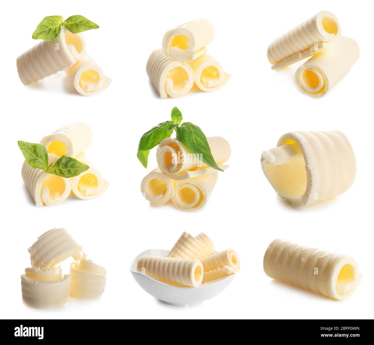 Collage of delicious butter rolls on white background Stock Photo - Alamy